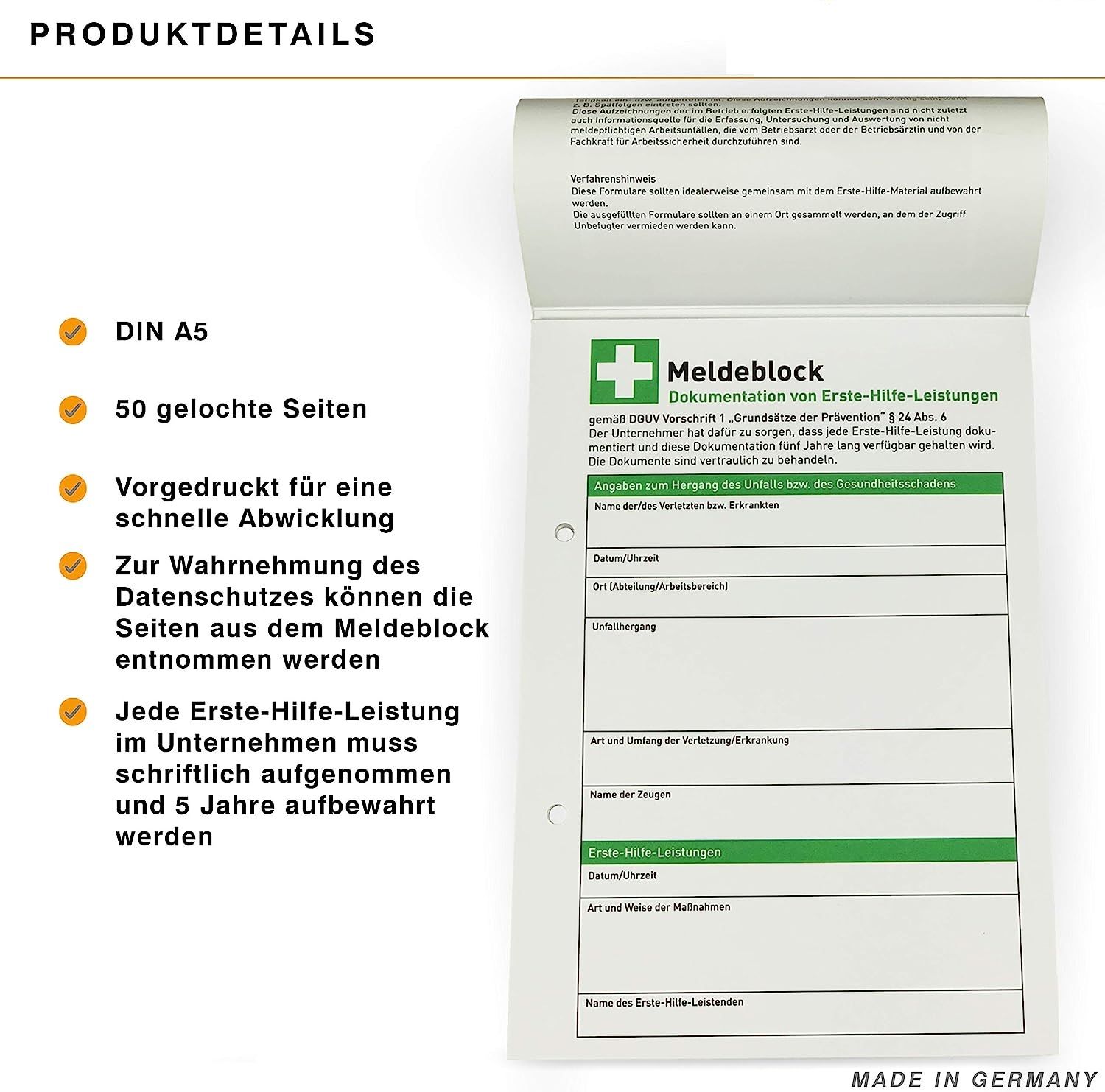 Erste Hilfe Meldeblock - DIN A5 - 50 Blatt - Für die Dokumentation von ...
